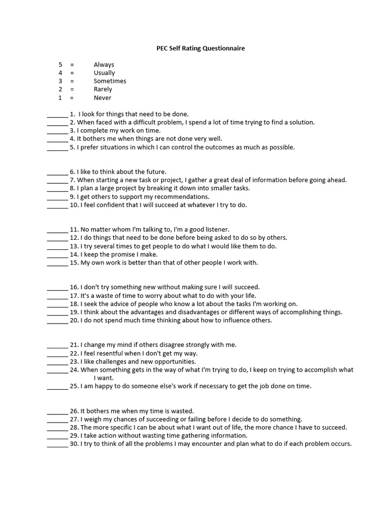 PEC Self Rating Questionnaire | PDF | Social Psychology | Cognitive Science