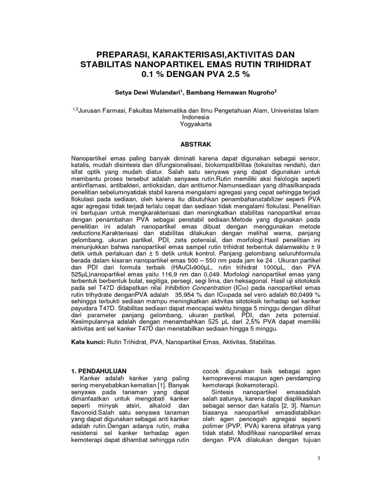 Preparasi, Karakterisasi, Aktivitas Dan Stabilitas Nanopartikel Emas Rutin Trihidrat 0.1 % ...