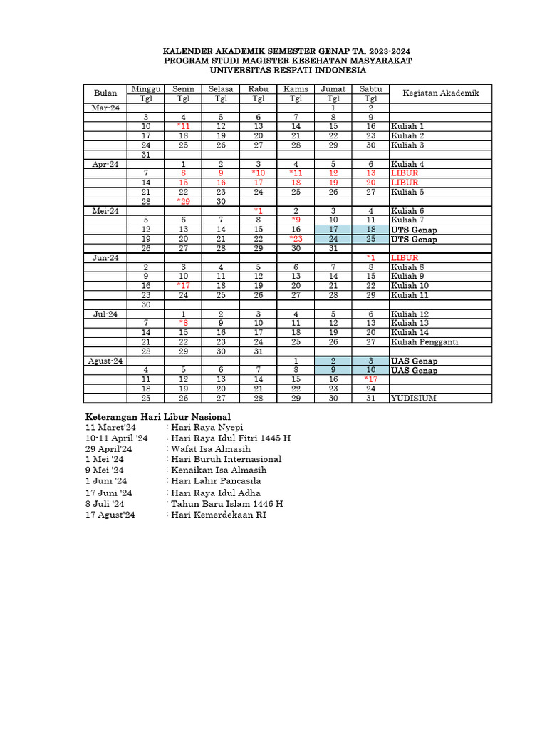 Kalender Akademik MKM 2023-2024 (SMT Genap) | PDF