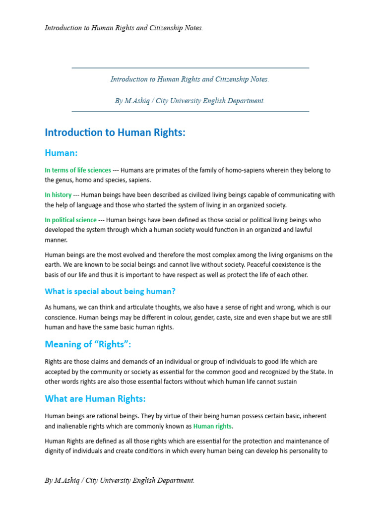 Introduction To Human Rights and Citizenship Notes | PDF | Human Rights ...