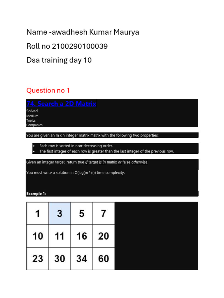Awadhesh Maurya Kiet Dsa Training Day 10 | PDF | Matrix (Mathematics) | Algorithms And Data ...