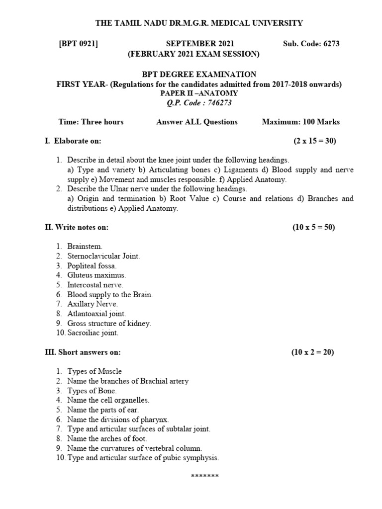 Anatomy Question Papers | PDF | Shoulder | Hand