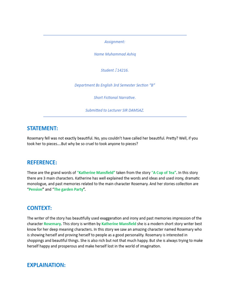 Rosemary Reference To Context Explanation Short Fictional Narrative Assignment. | PDF