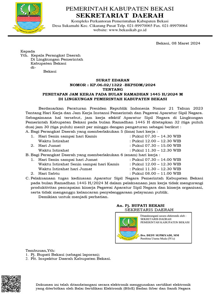 Surat Edaran Jam Masuk Kerja Bulan Ramadhan 1445 H | PDF