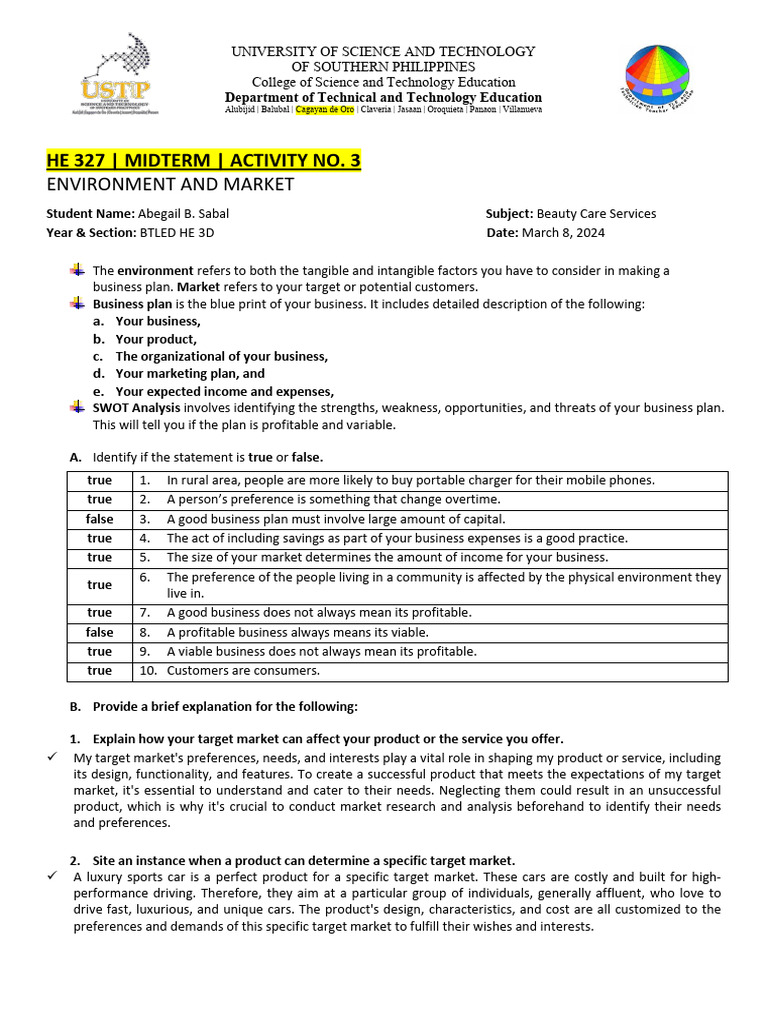 Sabal - He327 Midterm Activity 3 | PDF | Market (Economics) | Demand