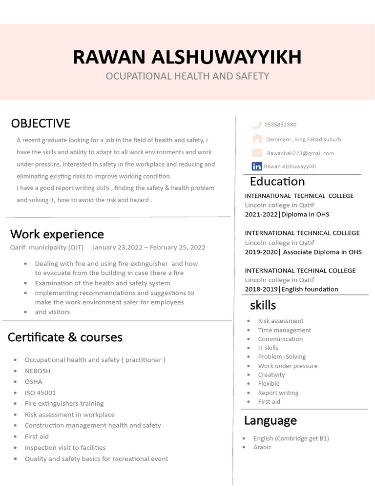 Rawan Hassan Alshuwayyikh - CV | PDF | Occupational Safety And Health | Safety