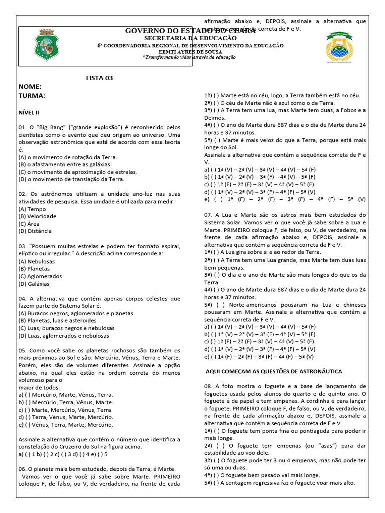 LISTA 03 | PDF | Planetas | Marte