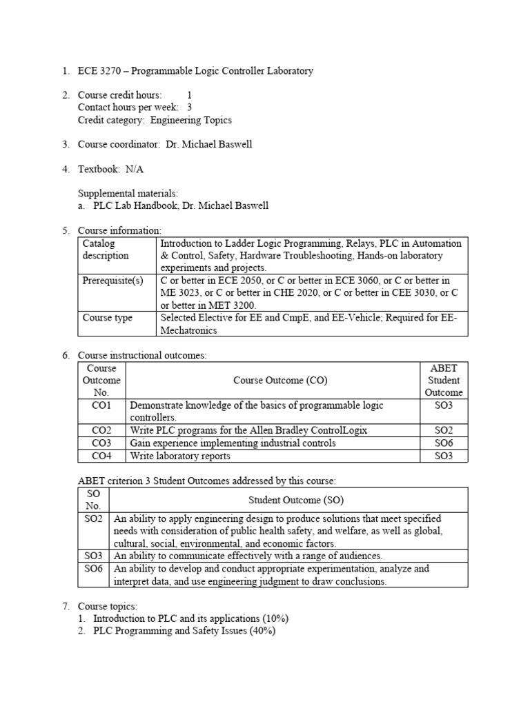 ECE 3270 Syllabus | Download Free PDF | Programmable Logic Controller | Electronic Engineering
