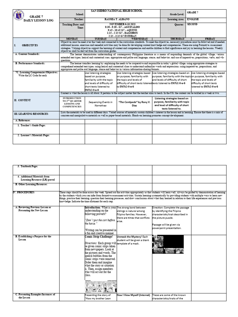 Grade 7 Daily Lesson Log: 2nd Quarter | PDF | Learning | Books