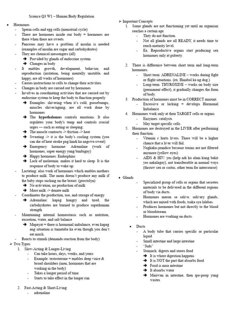 Science Q3 W1 - Human Regulation Notes (QUIZ) | PDF | Hormone ...