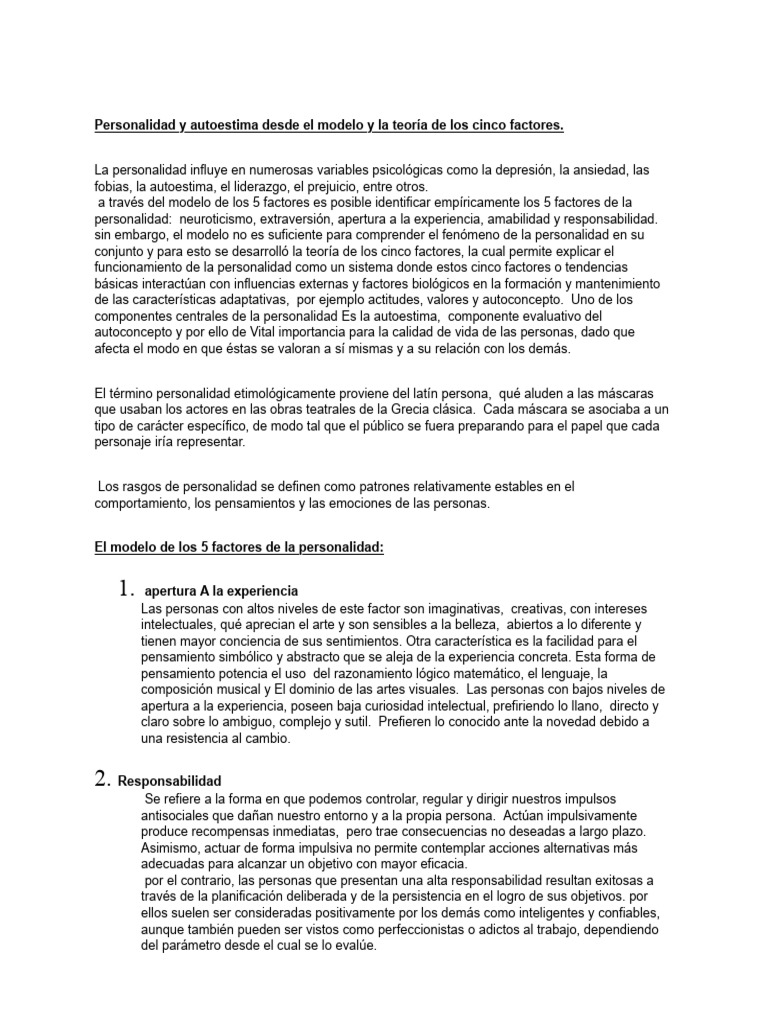 Unid 3. Personalidad y Autoestima Desde El Modelo y La Teoría de Los ...