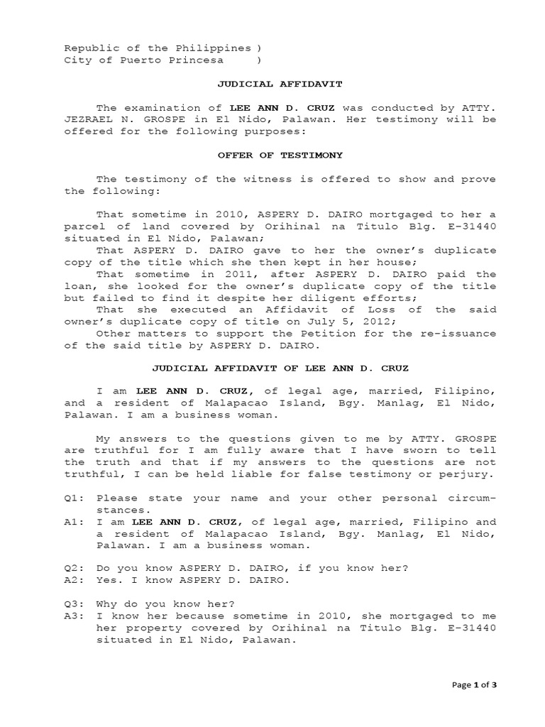 Judicial Affidavit Lee Ann Cruz | PDF | Affidavit | Testimony