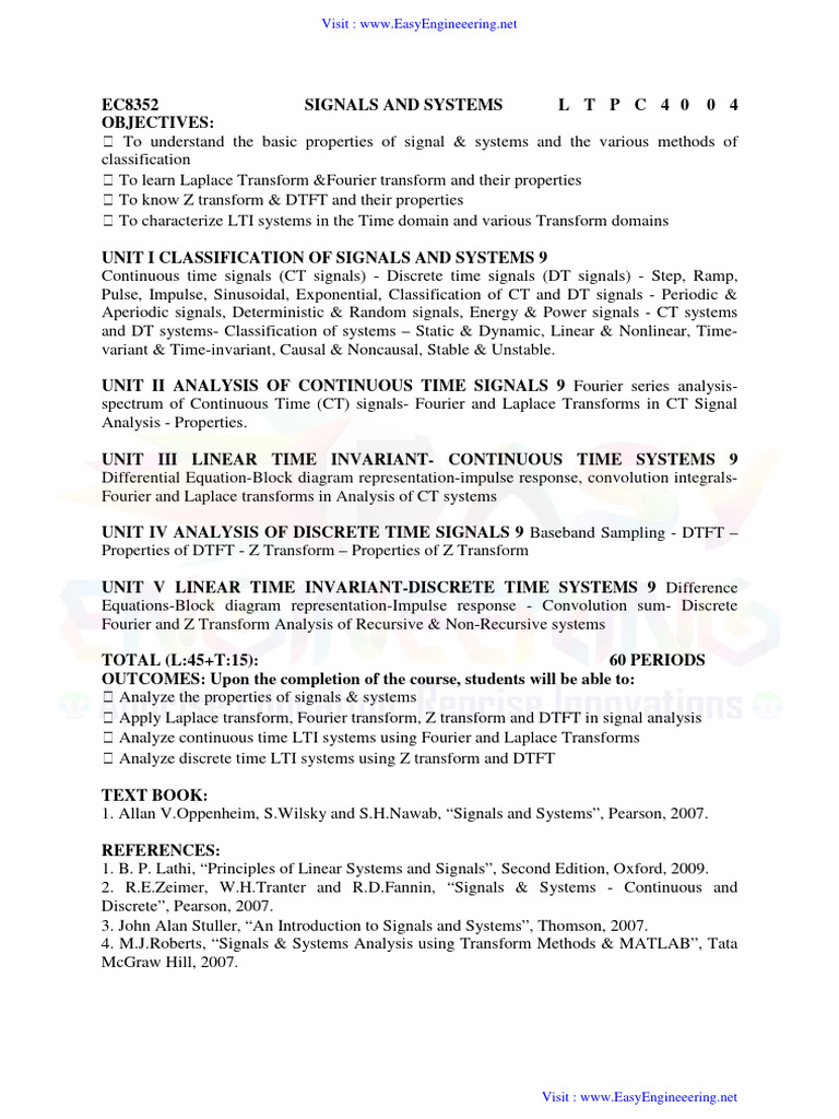 Signals and Systems Course Overview | PDF | Electronics | Applied Mathematics