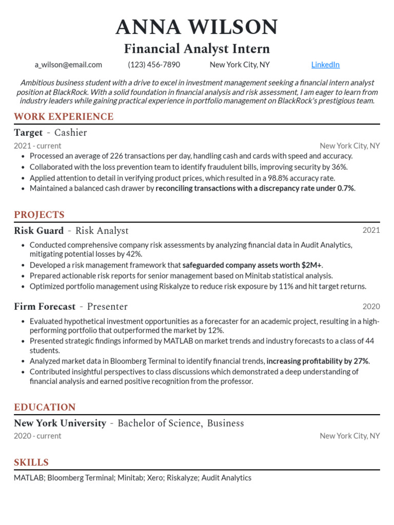 Finance Intern Resume for BlackRock | PDF | Financial Analyst | Risk