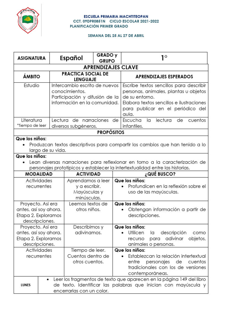 Planificación Primer Grado: Español y Matemáticas | PDF | Sustracción ...