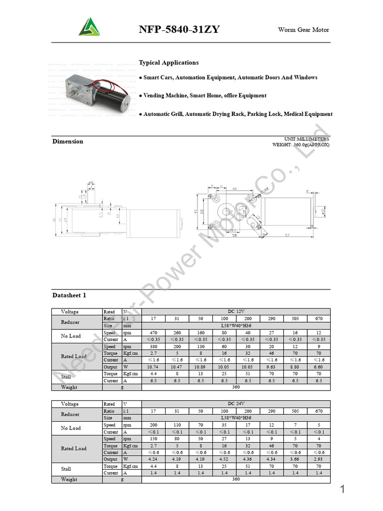 5840-31ZY 24V Worm Gear Motor Datasheet | PDF | Torque | Gear