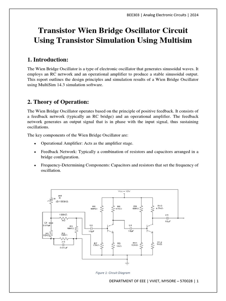 Transistor Wien Bridge Oscillator Circuit Using Transistor Simulation Using Multisim | PDF ...