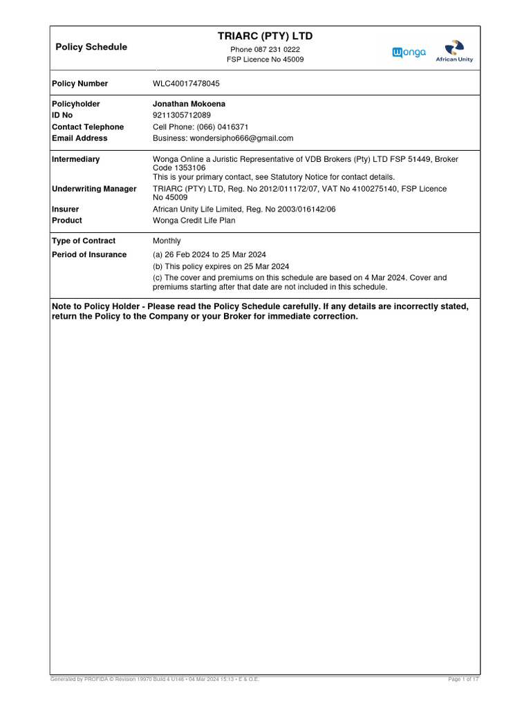 Policy Schedule - Wonga | PDF | Insurance | Employment
