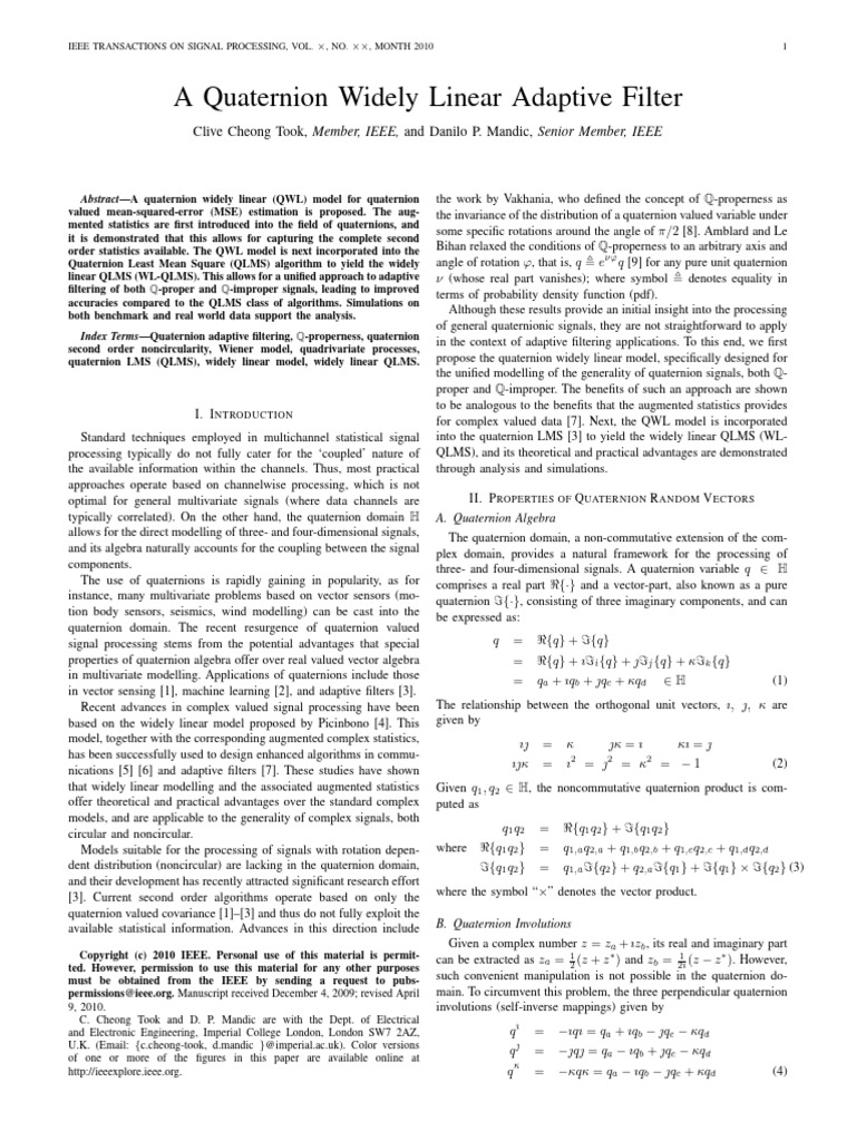 A Quaternion Widely Linear Adaptive Filter | PDF | Complex Number | Autoregressive Model