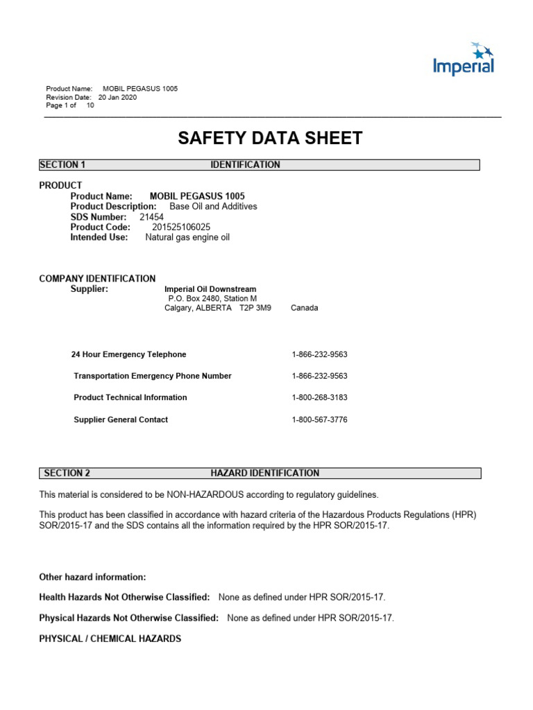 Mobil Pegasus 1005 Safety Data Sheet | PDF | Materials | Occupational ...