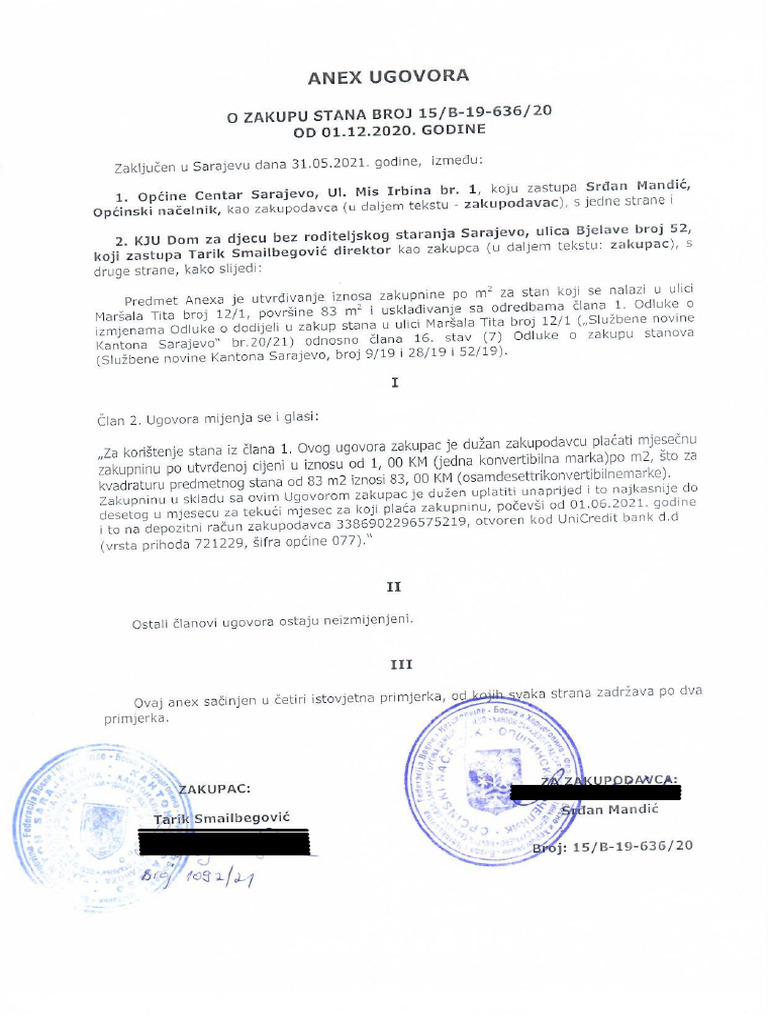 Anex Ugovora o Zakupu Stana Marsala Tita 12 | PDF