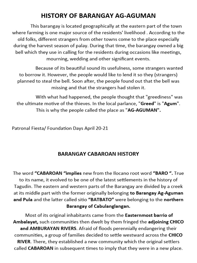 History of Barangay Ag-Aguman and Cabaroan | PDF | History