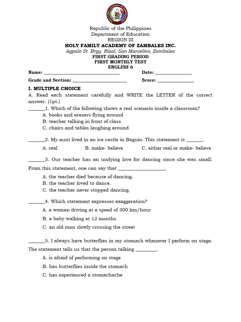 English 6 First Monthly Test Guide | PDF