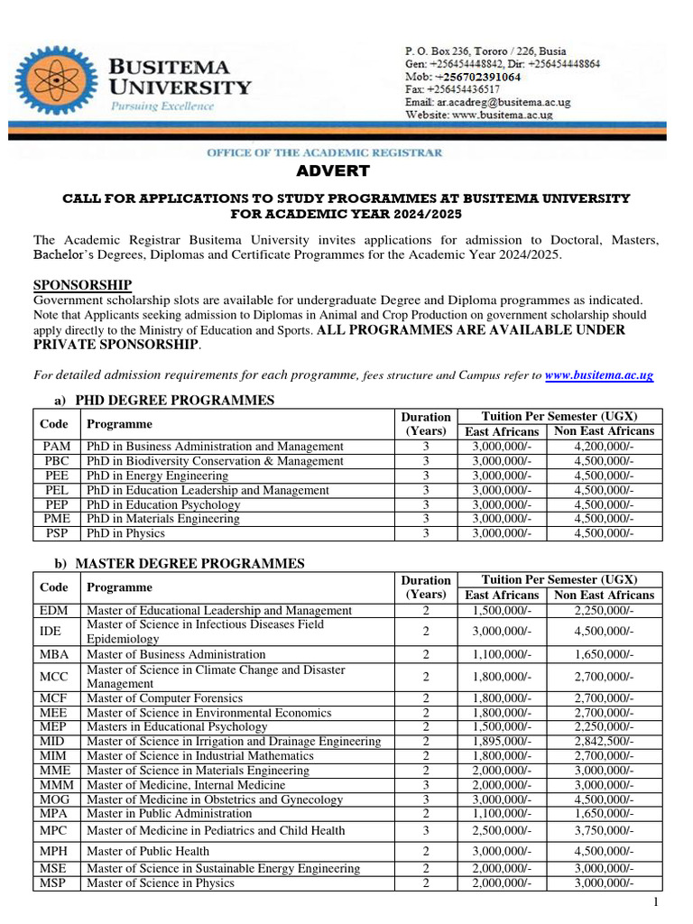 2024-2025 ADVERT Busitema University Admissions | PDF | Doctor Of Philosophy | Academic Degree