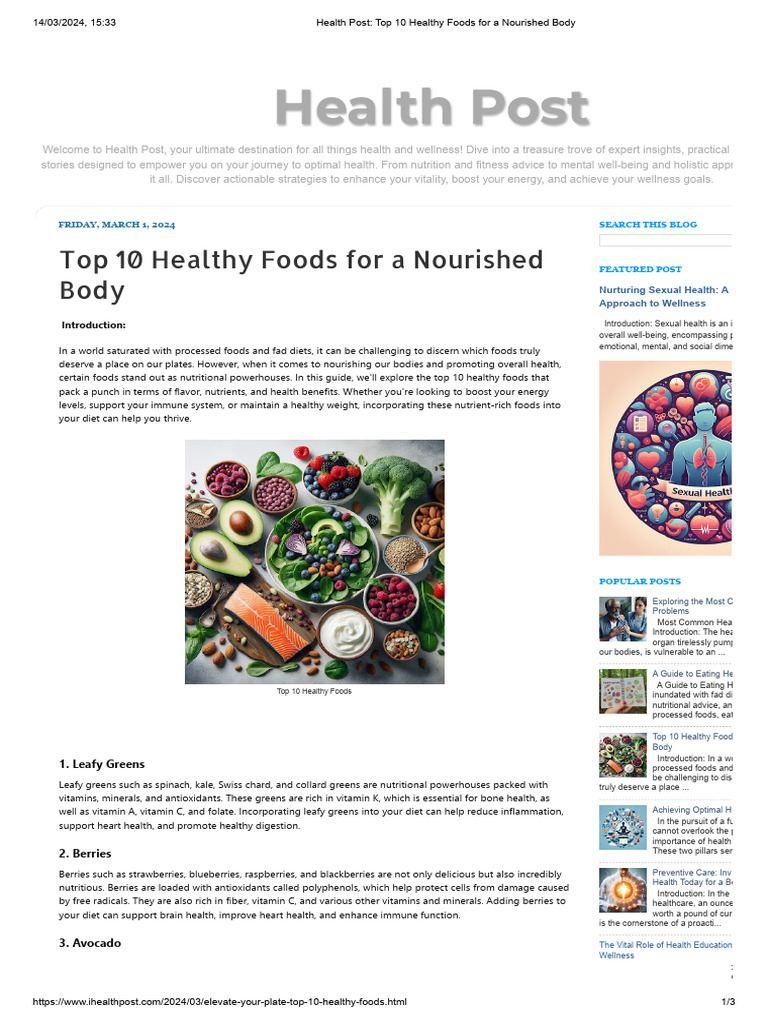 Top 10 Healthy Foods For A Nourished Body | PDF | Whole Grain | Healthy ...