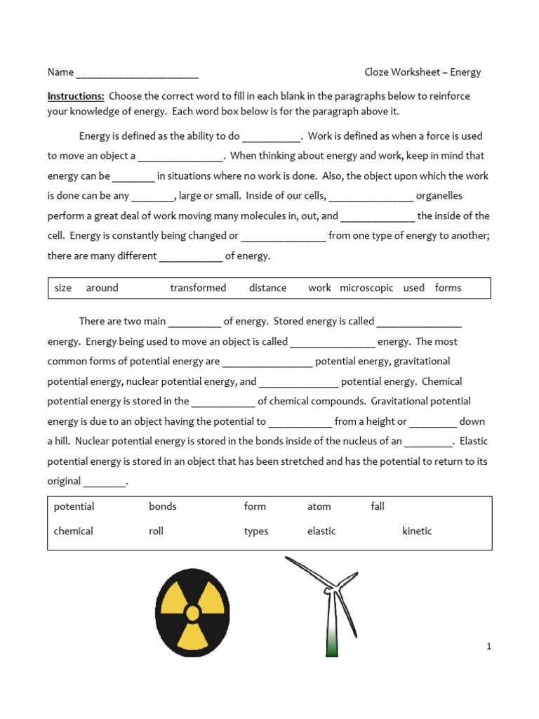 FreeMiddleSchoolScienceClozeWorksheetFormsofEnergyTransformations-1 ...