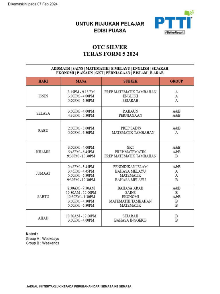 PTTI Online Class Schedule 2024 | PDF