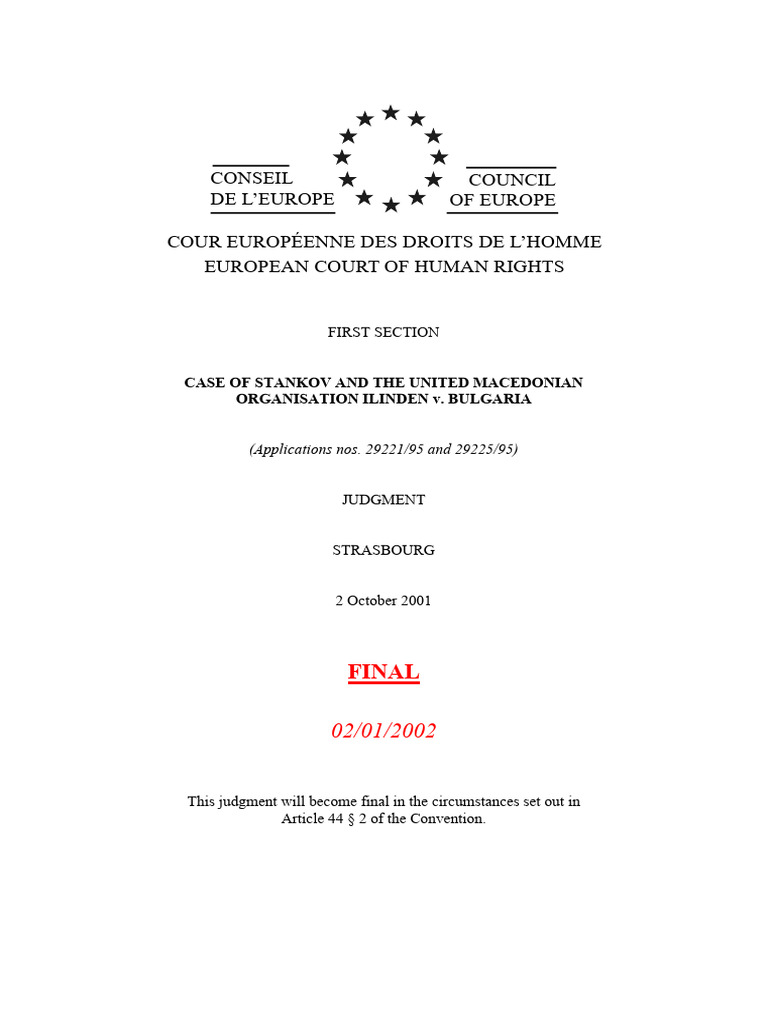 Stankov v. Bulgaria: ECHR Judgment Summary | PDF | Socialist Federal ...