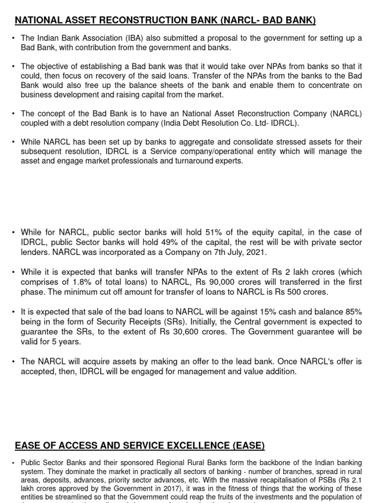National Asset Reconstruction Bank (Narcl-Bad Bank) | PDF | Banks | Loans
