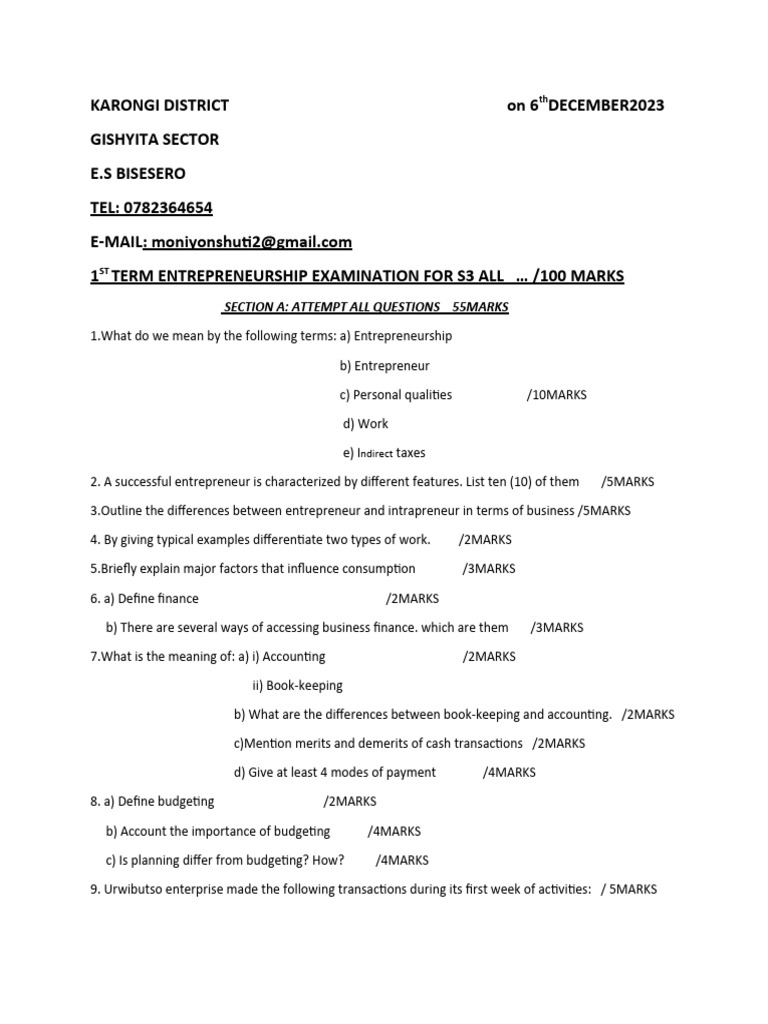 S3 Entrepreneurship Exam Questions | PDF | Entrepreneurship | Taxes