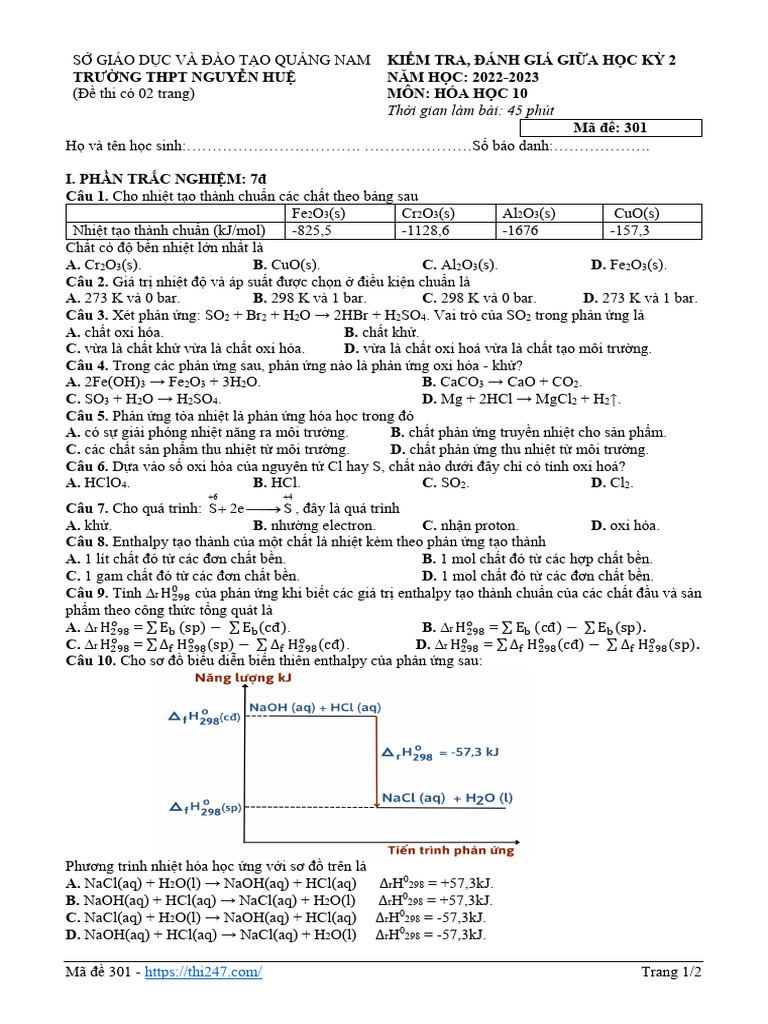 De Giua Hoc Ky 2 Hoa Hoc 10 Nam 2022 2023 Truong THPT Nguyen Hue Quang Nam | PDF