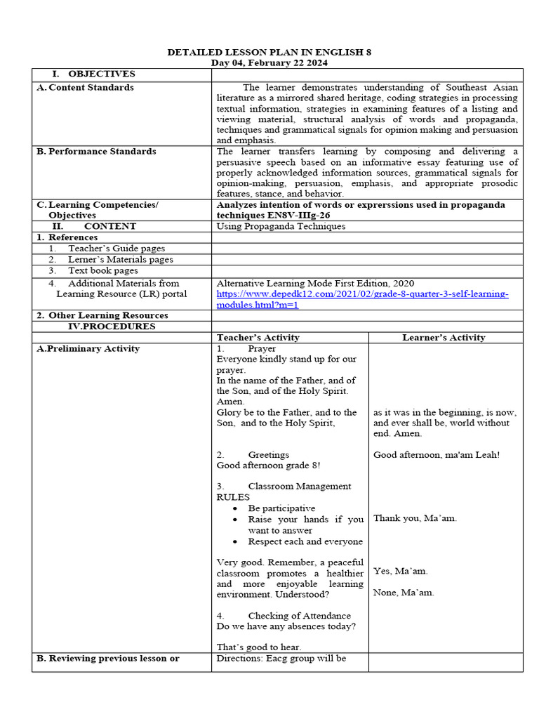 English 8 Lesson Plan: Propaganda Techniques | PDF | Propaganda | Learning