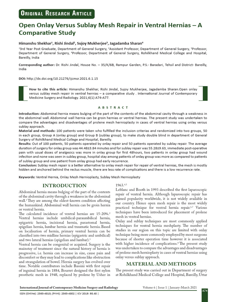 Open Onlay Versus Sublay Mesh Repair in Ventral Hernias – A Comparative ...