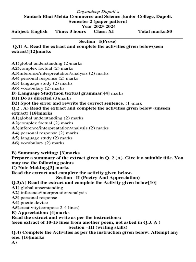 Semester 2 Paper Pattern English 11th STD March 2024 | PDF | Writing | Linguistics