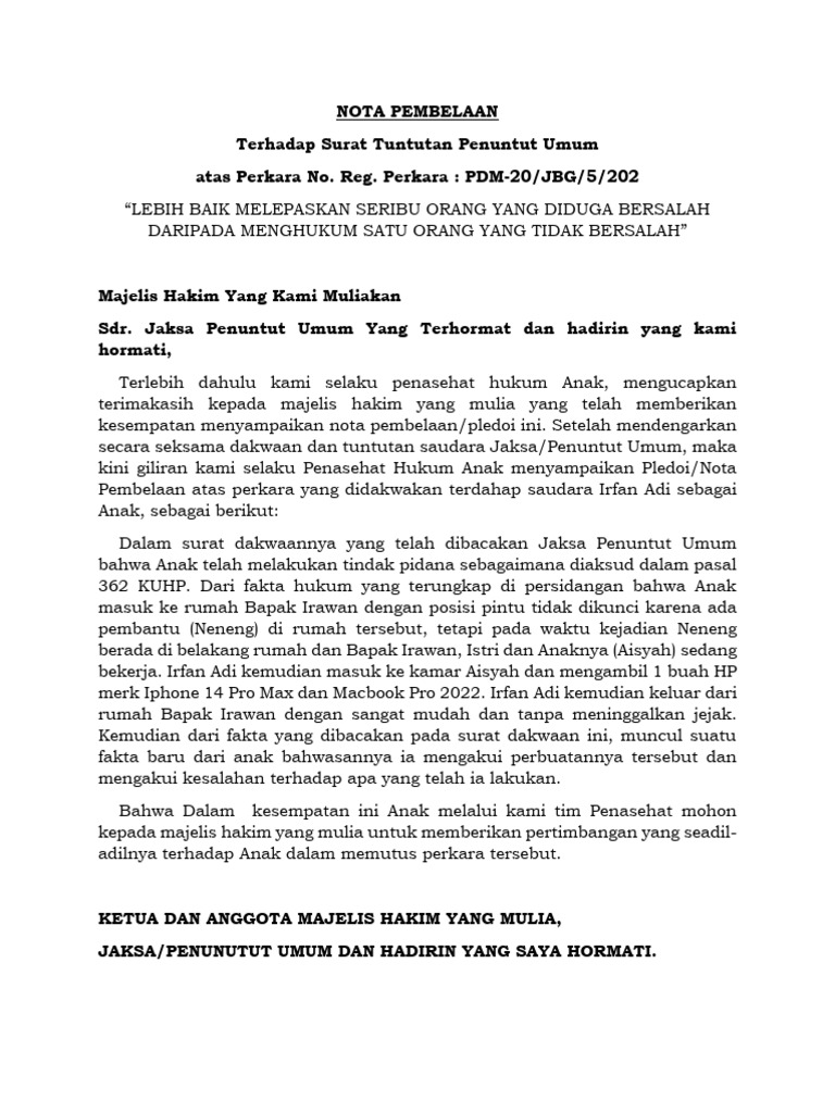 Nota Pembelaan Anak | PDF | Hukum