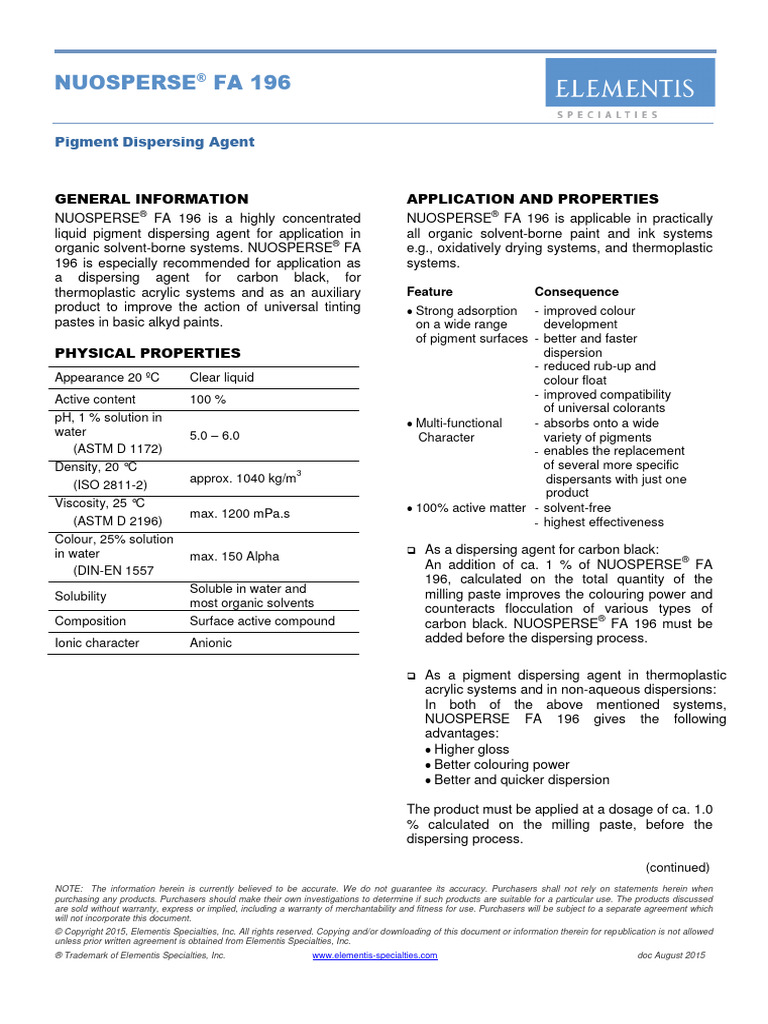 Elementis Nuosperse Fa 196 Tds | PDF | Paint | Solubility
