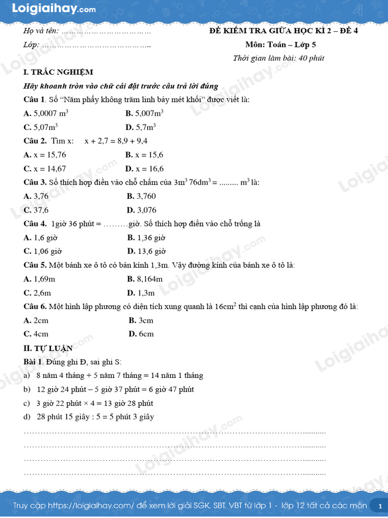 De So 4 de Kiem Tra Giua Hoc Ki 2 Toan Lop 5 1673251351 | PDF