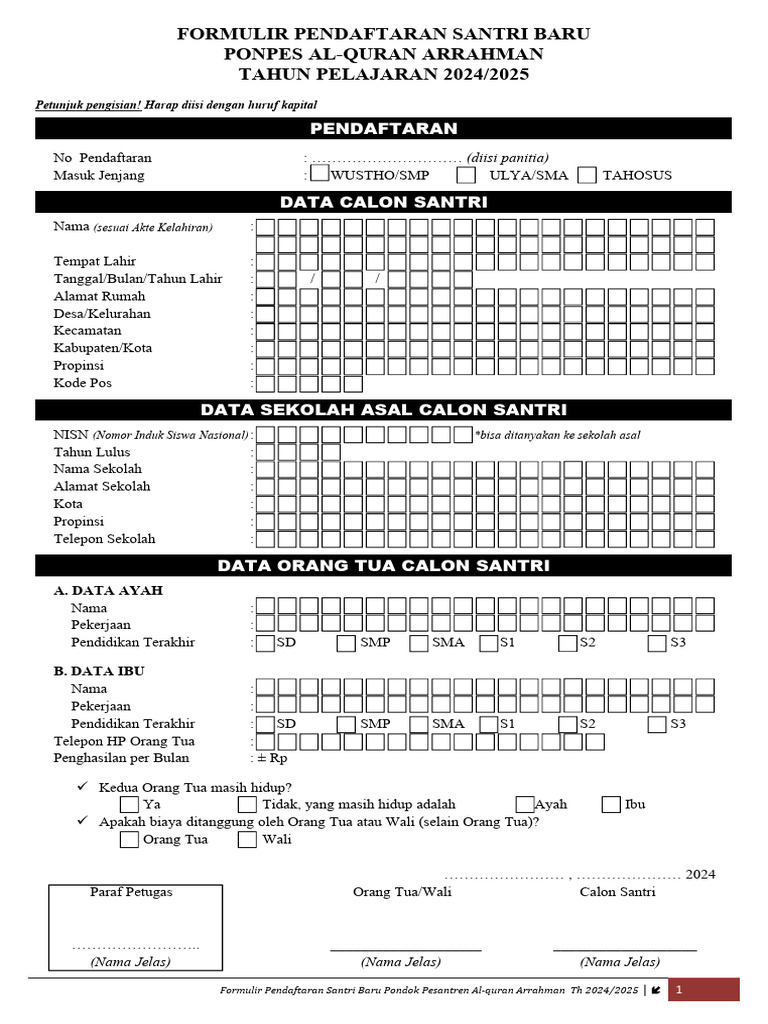 Formulir-PPDB PPS. AL-QURAN AR-RAHMAN WUSTHA 2024 | PDF