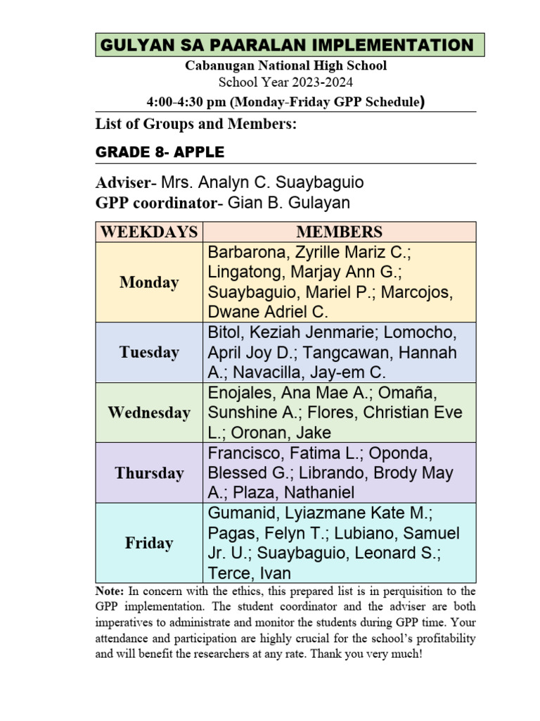 GPP Implementation Schedule 2023-2024 | PDF | Social Science | Self ...