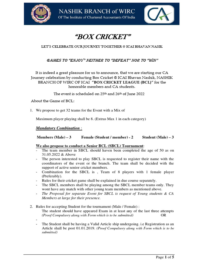 Box Cricket League at ICAI Nashik | PDF | Bowling (Cricket) | Athletic ...