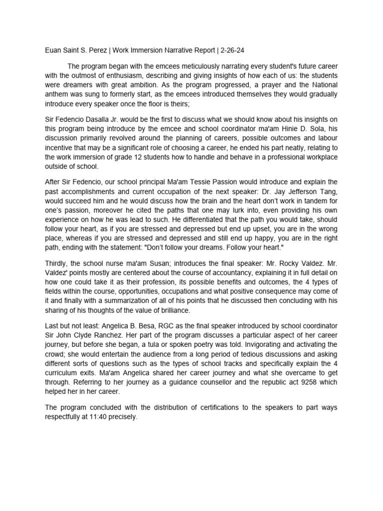 Work Immersion Narrative Report | PDF