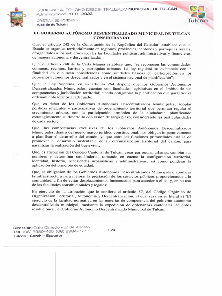Ordenanza Que Delimita Las Areas Urbanas de La Cabecera Cantonal y de ...