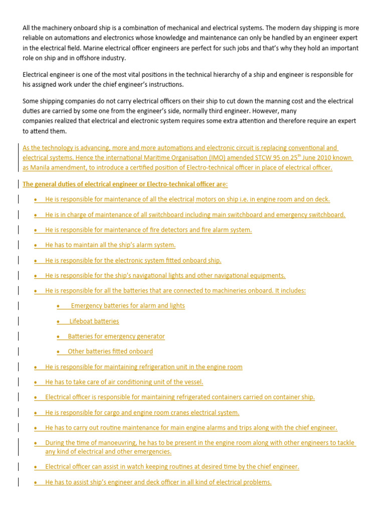 Duties of Electrical Engineer Officer On Board Ship | PDF | Ships ...