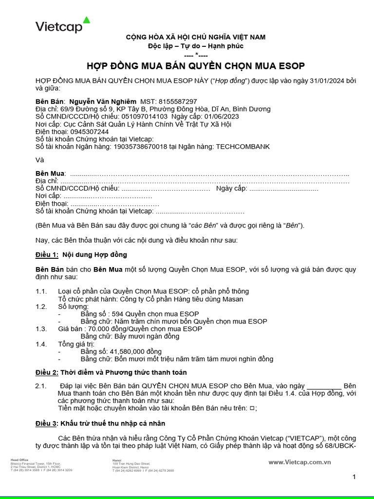 MCH - Hop Dong Quyen Chon Mua ESOP | PDF