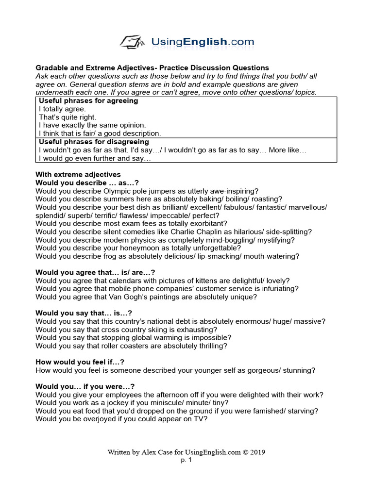 Gradable vs. Extreme Adjectives Exercises | PDF | Games & Activities