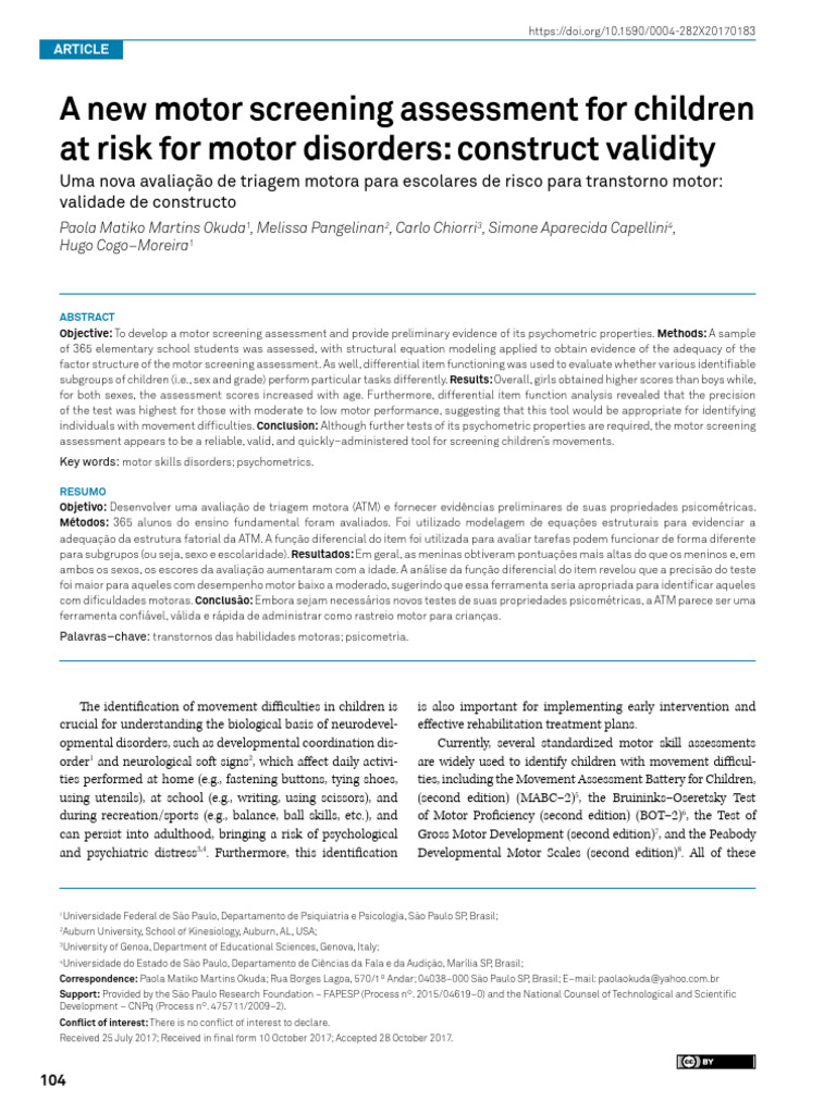 A New Motor Screening Assessment For Children at Risk For Motor ...